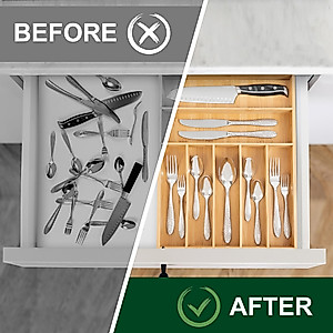Bellsal Natural Utensil Organizer 12.5 Inch Silverware Organizer for Drawer Utensil Holder Cutlery Organizer Kitchen Drawer Organizer 7 Compartment Small Narrow Bamboo