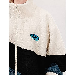 Aelfric Eden Mens Color Patchwork Oversized Sweater Sherpa Jackets Faux Shearling Shaggy Full-Zip Jackets Warm Fuzzy Coats