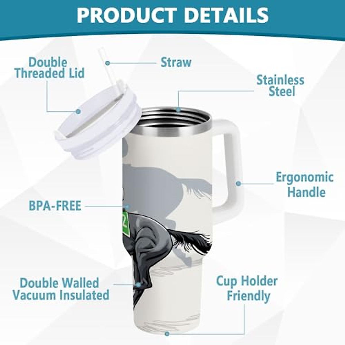 Horse Racing Stainless Steel Insulated Tumbler with Handle and Straw Lid for Water, Insulated Cup 30 OZ / 0.89 L