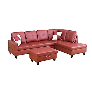 103" W Sectional Couches for Living Room, Faux Leather Couch with Storage Ottoman, Leather Sofa Brown Couches, Modular Sectional Sofa,Modular Sectional Couch for Living Room Furniture Sets, Red