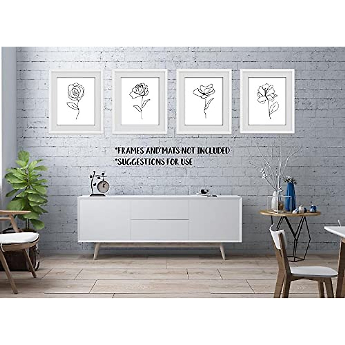 Black and White Wall Art - Flower Line Drawings - Botanical Prints - Abstract Pictures - Set of 4-11x14 - Unframed (11x14)