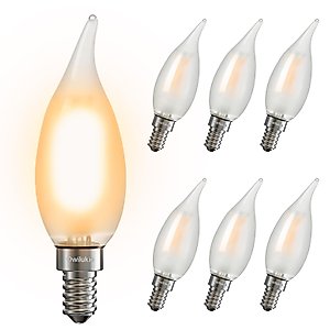 Owilukie Chandelier Frosted Light Bulbs 6W (60W Equivalent), Candelabra Candle E12 LED Bulb Type B Soft Warm White Color 2700k,Dimmable for Dining Room,Light Fixture,Chandelier,6 Pack