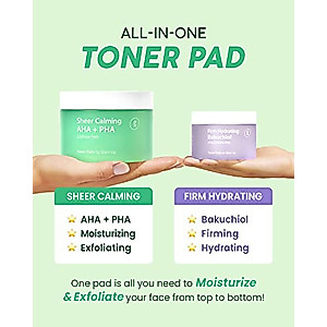 Glam Up AHA+PHA Exfoliating Facial Toner Pads for Sensitive Skin | Sheer Calming Vegan Korean Skincare Toner Pads for Acne Prone Skin and Pore Cleansing (65 Pads)