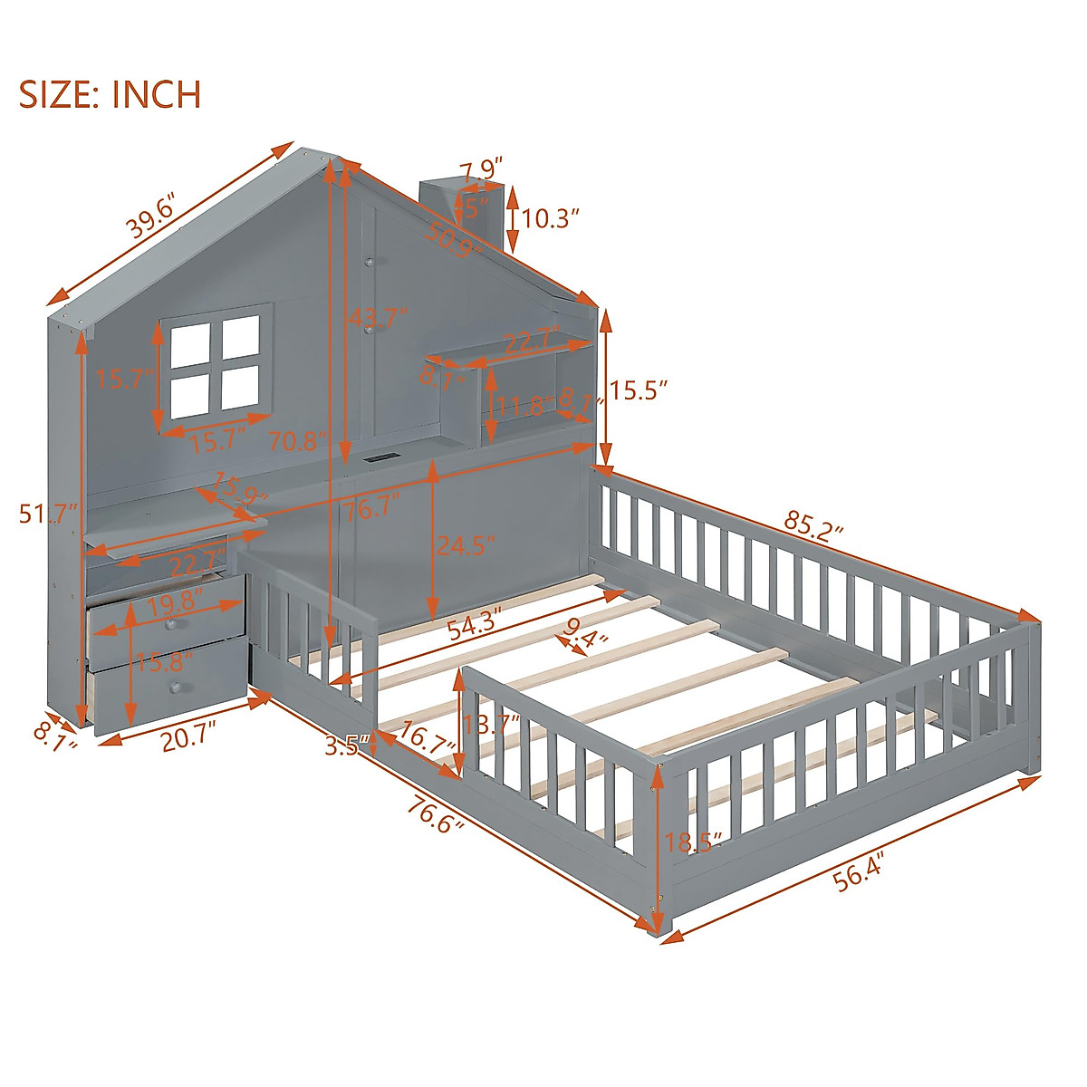 Full Floor House Bed for Kids, Wood Montessori Floor Bed with Rails, Window and Bedside Drawers, Kids Full Platform Bed with Shelves and a Set of Sockets and USB Port (Full,Grey)