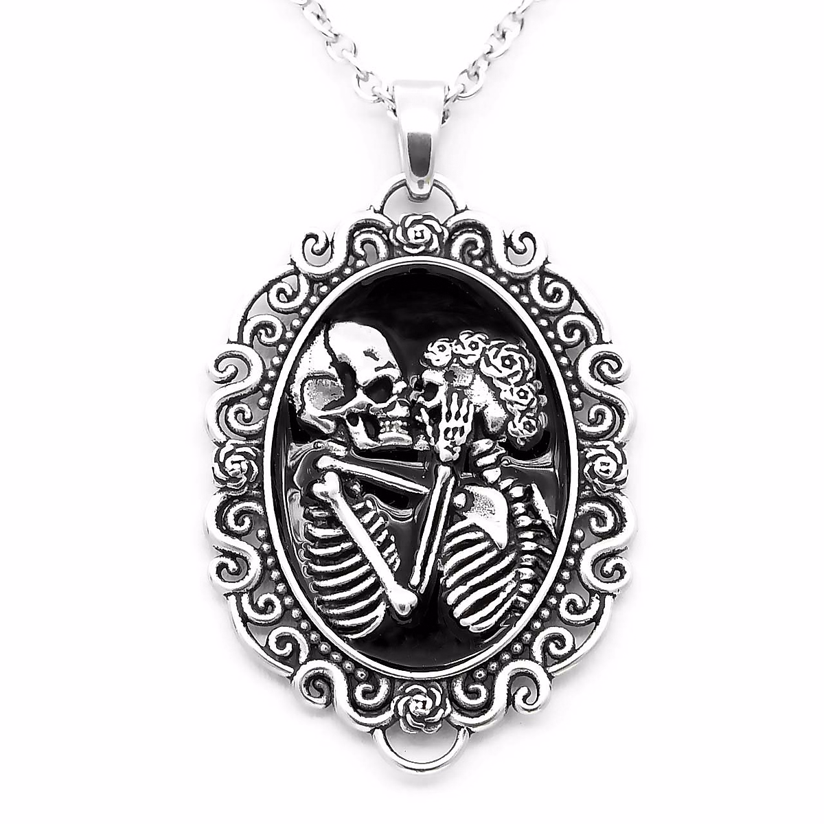 Controse Women's Silver-Toned Stainless Steel - The Eternal Lovers Skull Cameo Necklace (17" - 19" adjustable chain)