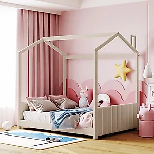 DEINPPA Full Size Princess House Bed with Velvet Fabric Upholstered Tufted Headboard and Footboard, Kids House Bed Frame with Roof Design, for Kids Boys Girls-Beige