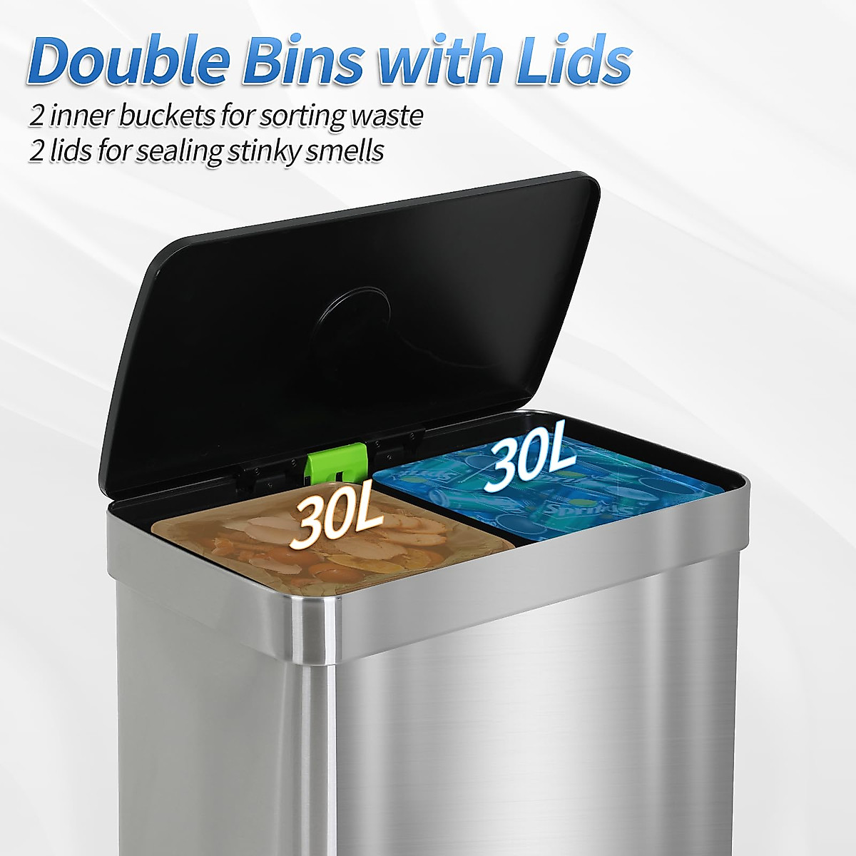 Dual Trash Can, 16 Gallon/ 60L Stainless Steel Trash and Recycling Combo with Lid & Double Barrel, Step Fingerprint-Proof Dual Compartment Garbage Cans for Kitchen Bedroom Bathroom Office