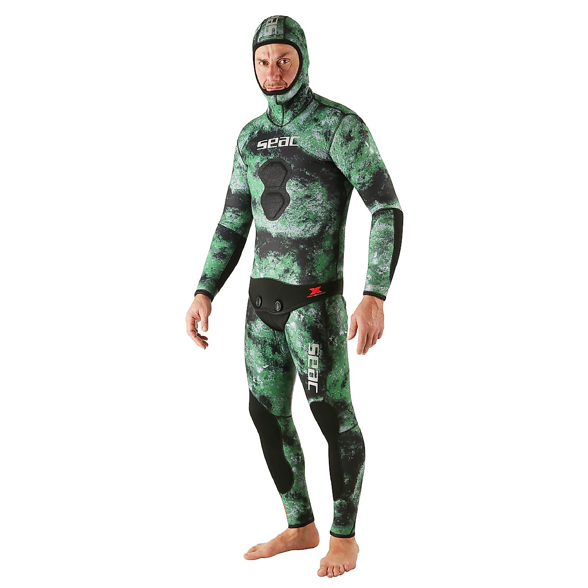 SEAC Ghost, Jacket in 5 mm Ultrastretch Neoprene with Incorporated Hood for Freediving and Spearfishing, camo Green, Large