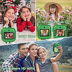 Ainiv Instant Print Cameras for Kids, 2.4 Inch Kids Digital Camera with Dual Camera, 1080P Kids Camera with Print Papers&5 Color Pens, 32GB SD Card, Gift for 3-12 Year Old Boys Girls-Green