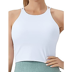 THE GYM PEOPLE Women's Cross Back Sports Bra Halter Neck Workout Crop Tank Tops with Removable Pads White