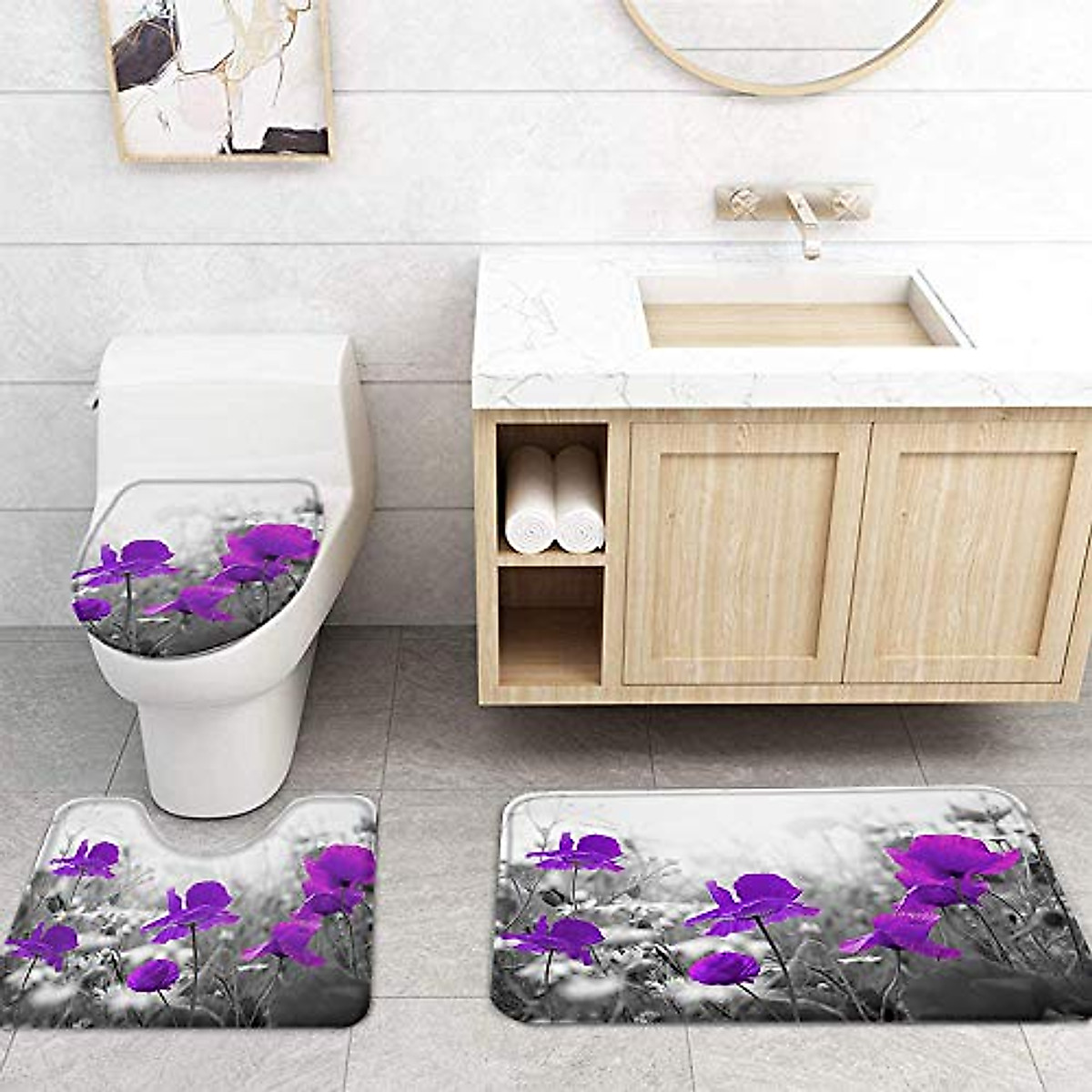 4 Pieces Bathroom Shower Curtain with Mats Set Purple Poppy Floral Grey Botanical Back,Non-slip Bath Rugs Toilet Lid Cover and U-shaped Carpet,Elegant Flower Watercolor Doormats Waterproof Curtains
