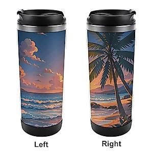 RTFGHJS 13oz Vacuum Insulated Stainless Steel Tumbler with Leakproof Lid Tropical Beach Palm Tree 304 Stainless Steel Travel Mug Wide Mouth Coffee Cup for Hot & Cold Drinks (380ml)