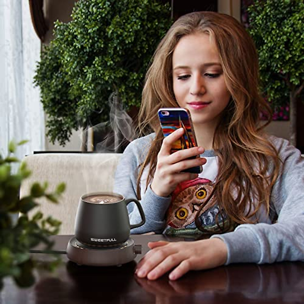 SWEETFULL Mug Warmer for Coffee and Tea Coffee Mug Warmer W/12 oz Mug and Lid Coffee Warmer As Coffee Gifts for Desk Office Coffee Lovers. （20W Cup Warmer Candle Warmer Auto Shut Off） (Wood Grain)