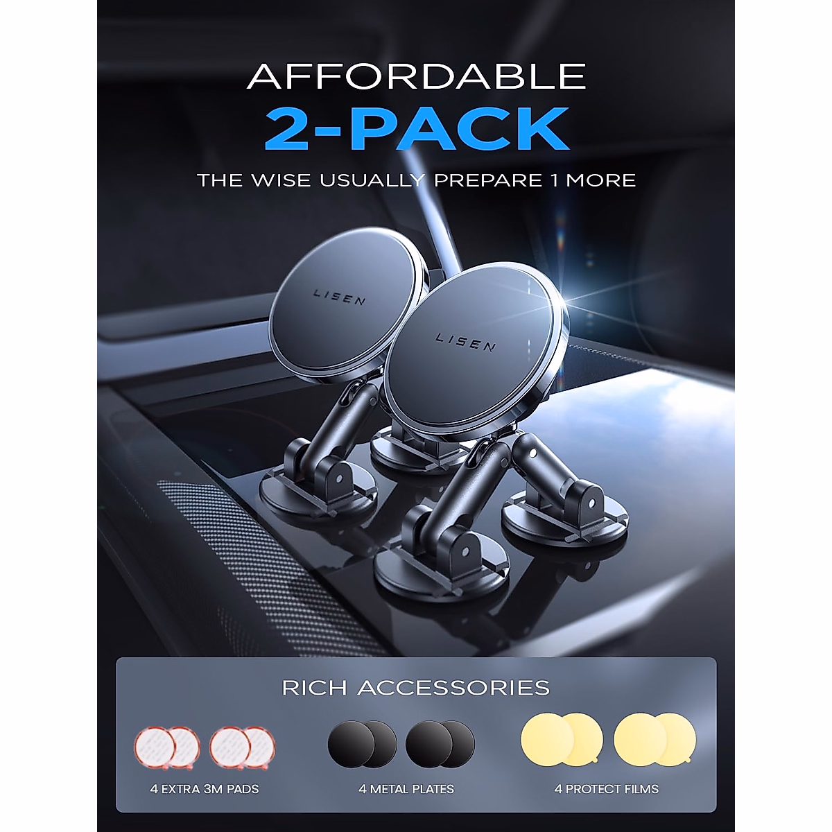 LISEN 2 Pack Magnetic Phone Holder for car Magnet car Mount for Cell Phone 10X Strong Magnets 360° Rotation Phone Holder for car Dashboard Mount fit for iPhone Samsung Google All Smartphones