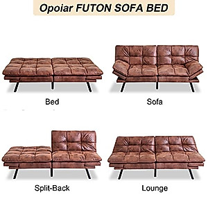 Opoiar Futon Sofa Bed Couch Sleeper Sofa Convertible Small Love Seat Memory Foam Brown Faux Leather Sofa for Living Room Apartment Office, Easy to Assemble, Great Addition