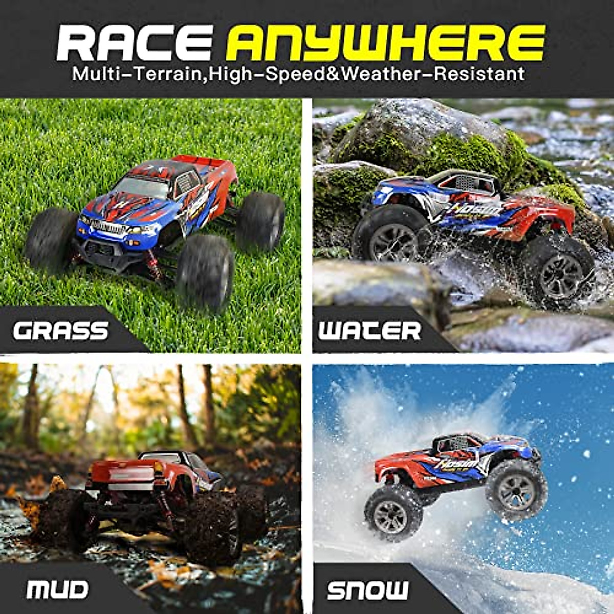 Hosim RC 4x4 Off Road Cars with 2 Batteries 1:16 All Terrain RC Monster Truck 40+ km/h Fast Buggy Remote Control Car for Adults and Children (Red)