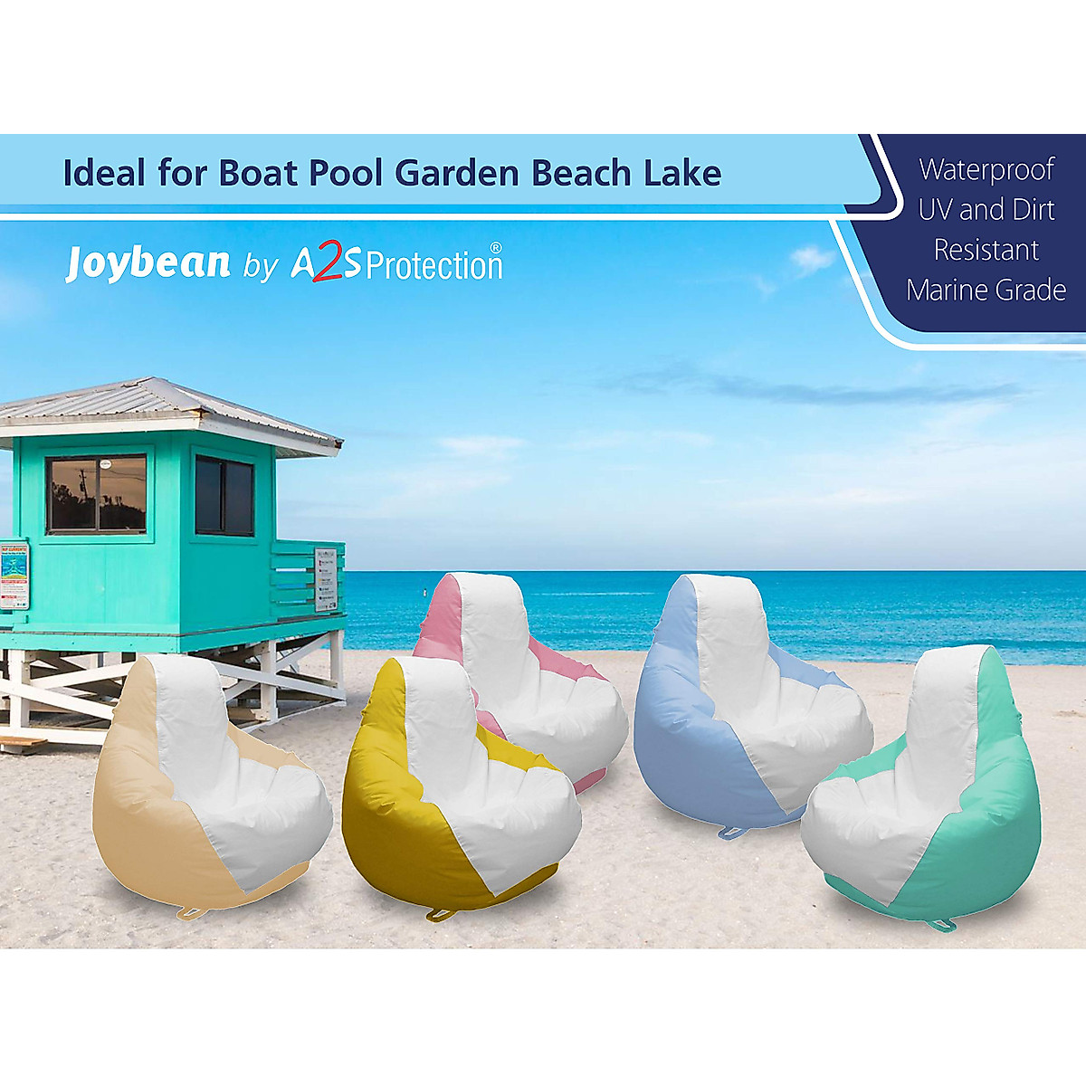 JoyBean Outdoor Bean Bag Chair - Water Resistant Marine Vinyl Ideal for Yacht Boat Pool Patio Garden Marine - Lawn Chair - Patio Furniture - for Adults Teens Kids (Large, White/Carolina Blue)
