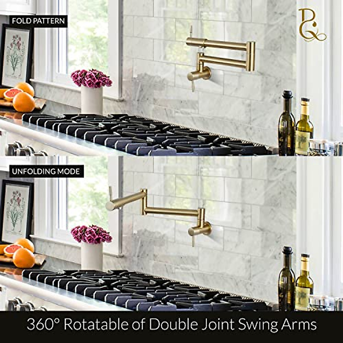 Brassqueen Wall Mounted Pot Filler Kitchen Faucet, Brushed Gold Finish, 2.2 GPM, 15 L/min, 1/2 NPT Connecting Thread, Stainless Steel Core, Dual Ceramic Valves, Anti-Scratch Matte Plating