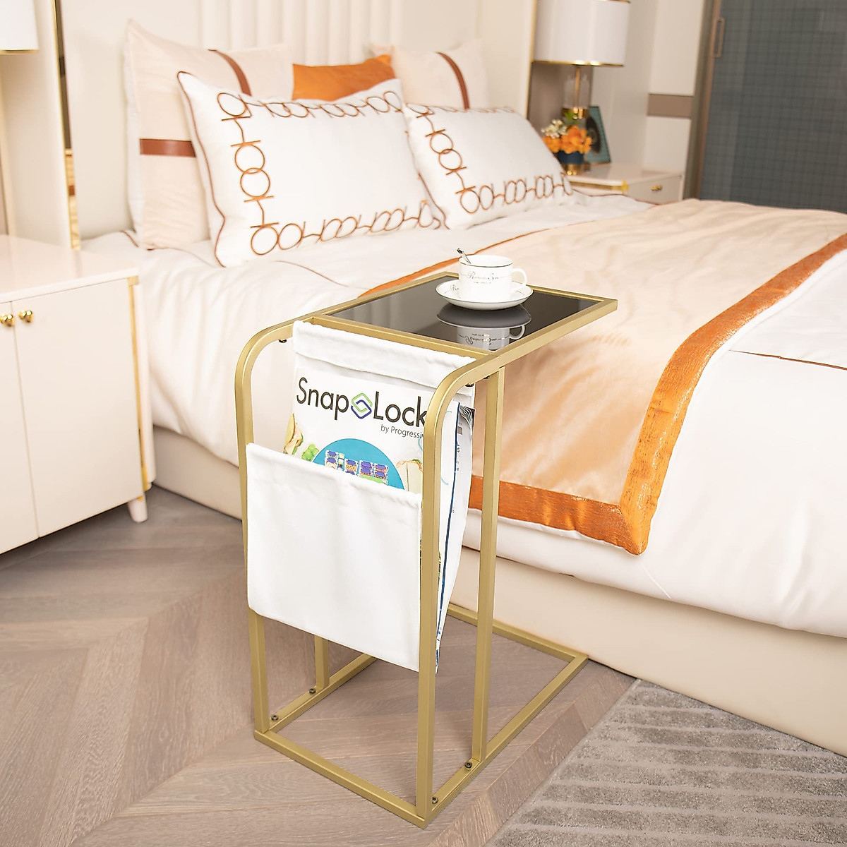 HAWOO Rectangle Nightstand, C Shaped End Snack Side Table Slide Under Couch with Glass Top and Storage for Sofa Coffee Laptop Living Room Bedroom Small Space, 18.5" L x 12" W x 24" H