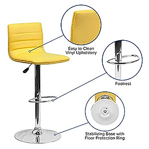Flash Furniture Vincent Modern Yellow Vinyl Adjustable Bar Stool with Back, Swivel Stool with Chrome Pedestal Base and Footrest