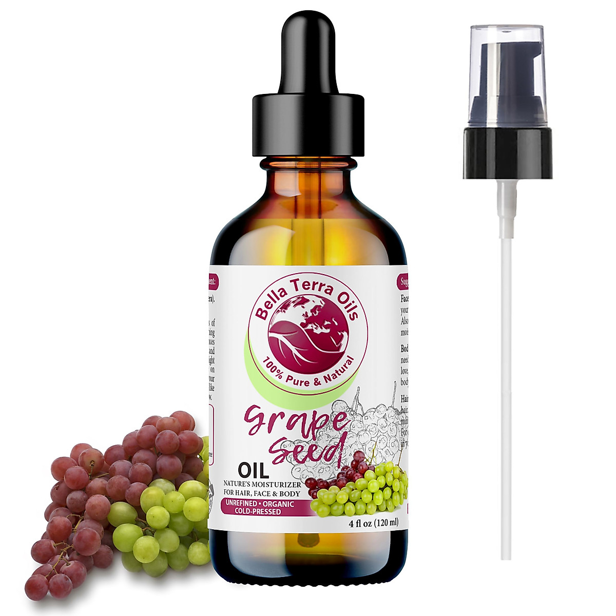 Bella Terra Oils - Organic Grape Seed Oil 4oz - Crafted from Pristine Organic Grapes, Packed with Procyanidins & Vitamin F, Unveiling a Radiant Skin Legacy