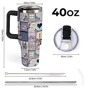 Niapessel Leak Proof Tumbler, Insulated Water Bottles with Straw, Retro Paris Art Insulated Cup with Handle 40 Oz Stainless Steel Flask for School, Travel, Car, Sports, Work