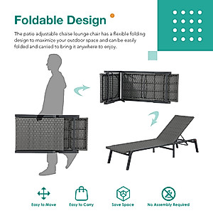 Patiorama Patio Chaise Lounge, Aluminum Outdoor Folding Lounge Chair, All-Weather PE Rattan Wicker Adjustable Reclining Lounge Chair for Outside,Portable Sun Lounger for Beach Garden Lawn Pool-Grey