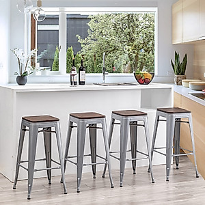 Alunaune 24" Metal Counter Height Bar Stools Set of 4 Industrial Backless Kitchen Patio Counter Stool Stackable Barstools Wood Top- 24inch, Silver