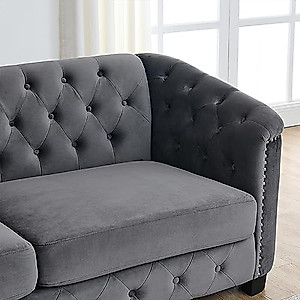 EMKK 77" Chesterfield Velvet Sofa, 3-Seater Upholstered Couches Tufted Backrests with Nailhead Arms and 2 Cushions for Living Room, Bedroom, Apartment, Office, G-Grey