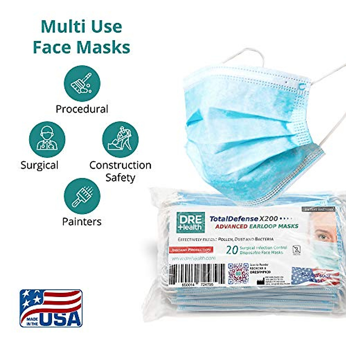 Dre 3 Ply Disposable Face Masks, 20 Count - Made in the USA - Medical Grade