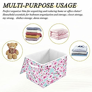 Kigai Cute Flowers Pink Storage Basket with Lid Collapsible Storage Bin Fabric Box Closet Organizer for Home Bedroom Office 1 Pack