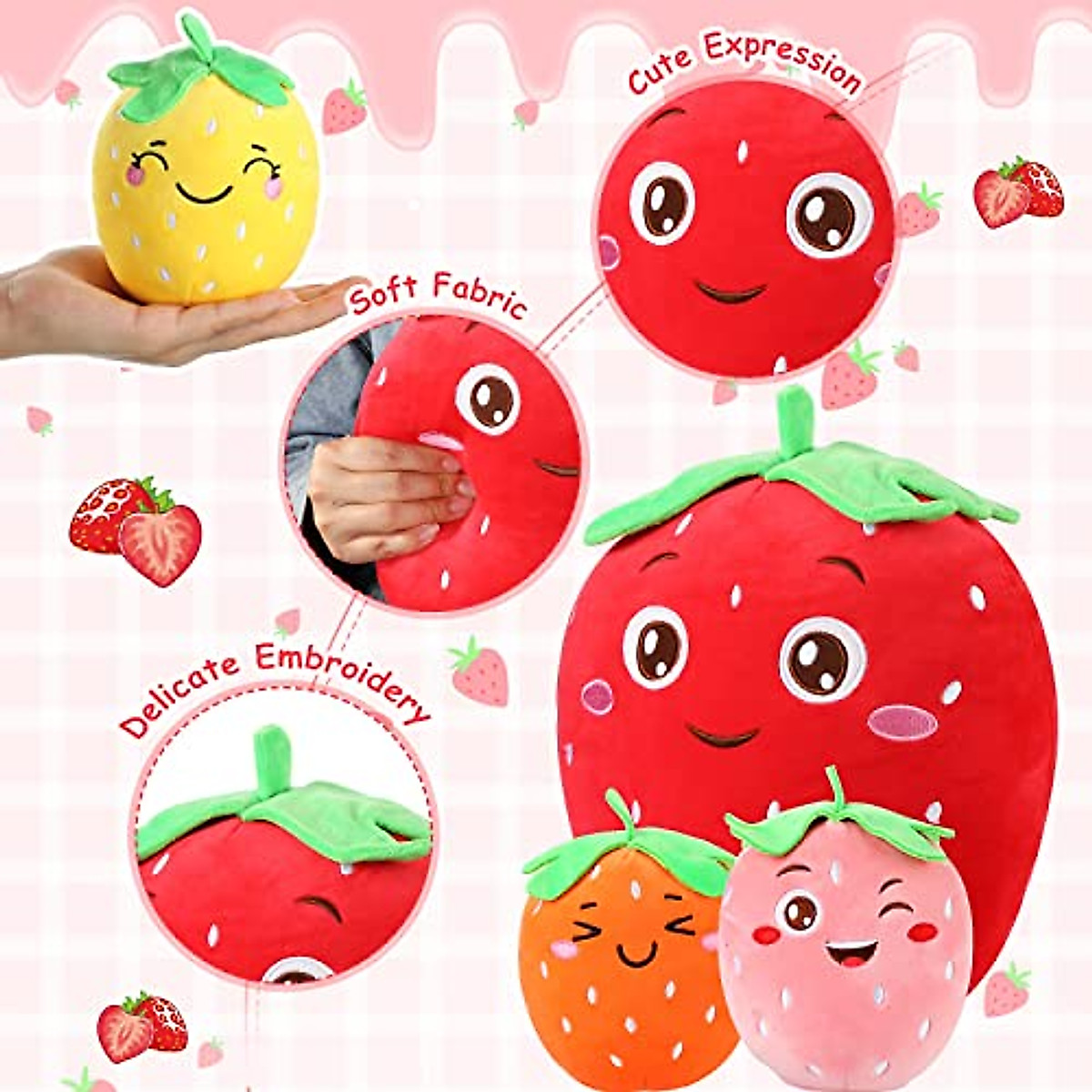 Queekay 4 Pieces Soft Strawberry or Pineapple Pillow Stuffed Toy Food Pillows Fruit Plush Pillow Kids' Plush Toy Pillows Fruit Hugging Cushion for Home Bedroom Office Supplies (Strawberry)
