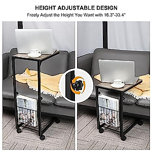 C Shaped Side Table End Table for Couch Sofa and Bed Small Snack Table with Wheels Height Adjustable C Table for Small Spaces Living Room Bedroom Metal Frame, Grey