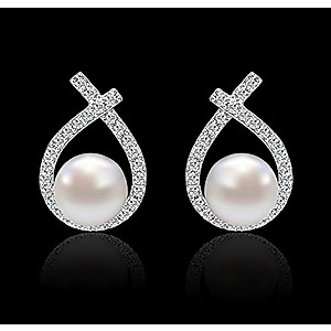 LOVE&CLOVER Elegant Freshwater Pearl Stud Earrings for Women 925 Sterling Silver, Genuine Cultured Pearls, Bridal Earrings for Women Brides Bridesmaids Wedding Gifts
