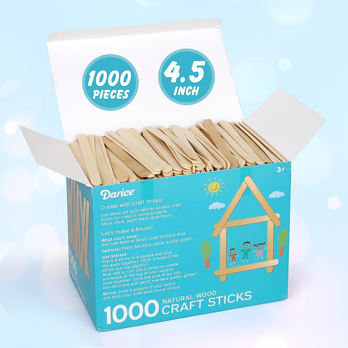 Darice 1000 Pcs Popsicle Stick, 4.5" Natural Wood Craft Sticks Supplies, Ice-Cream Stick Pop, Ages 3+