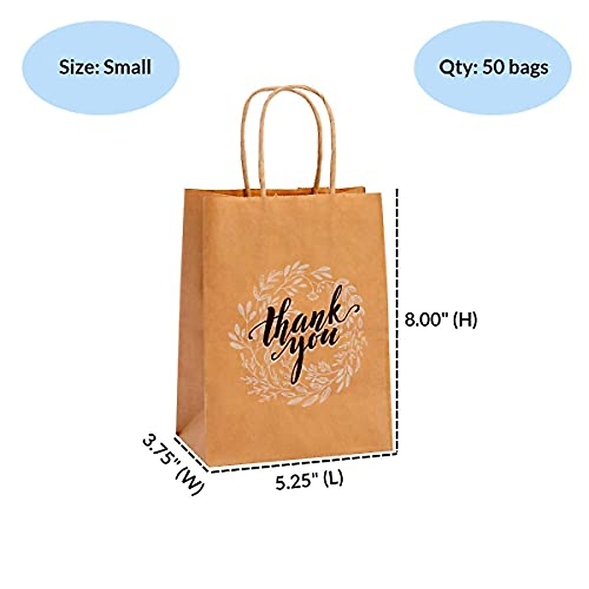 OSpecks 50 Count Small Thank You Gift Bags Bulk with Handle, Brown Kraft Paper Bags for Retail Shopping, Wedding, Goodies, Merchandise for Customers or Guests, Size 5.25 x 3.75 x 8 Inches