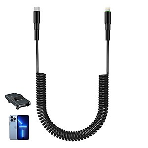 Coiled USB C to Lightning Cable MFi Certified - CarPlay Compatible Retractable iPhone Charger - Data Transmission Short iPhone Charger Cord - PD20W Fast Charging Apple Cable for iPhone14 13 12