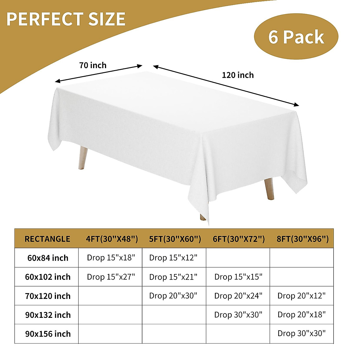 Fixwal 6 Pack White Table Cloth for Rectangle Table, 70 x 120 Inch Polyester Fabric Tablecloths Rectangular, Table Covers 6-8ft for Party, Banquet, Dining, Wedding, Graduation