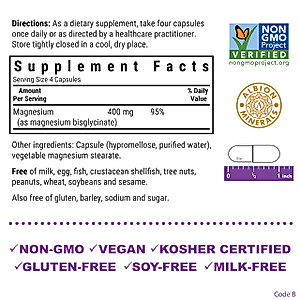 Bluebonnet Nutrition Magnesium Glycinate 400mg Maximum Absorption Mineral Complex Supports Energy Production & Enzyme Function - Non-GMO, Soy-Free, Gluten-Free - 120 Veggie Capsules