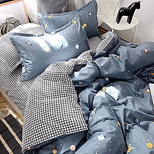 Feelyou Universe Galaxy Bedding Blue Stars Duvet Cover Set for Kids Teens Decorative Outer Space and White Black Plaid Reversible Design Comforter Cover Soft Microfiber Bedding Sets Full Size,Zipper