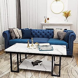 AWQM Marble Coffee Table, Faux Marble Top Rectangular Coffee Table with Black Metal Frame, 2 Tier Living Room Table for Living Room, Office, Balcony, White, 40 Inch