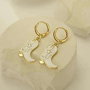 RUOFFETA Western Cowgirl Boot Earrings for Women, Cowgirl Hat dangle Earrings(White Boot)