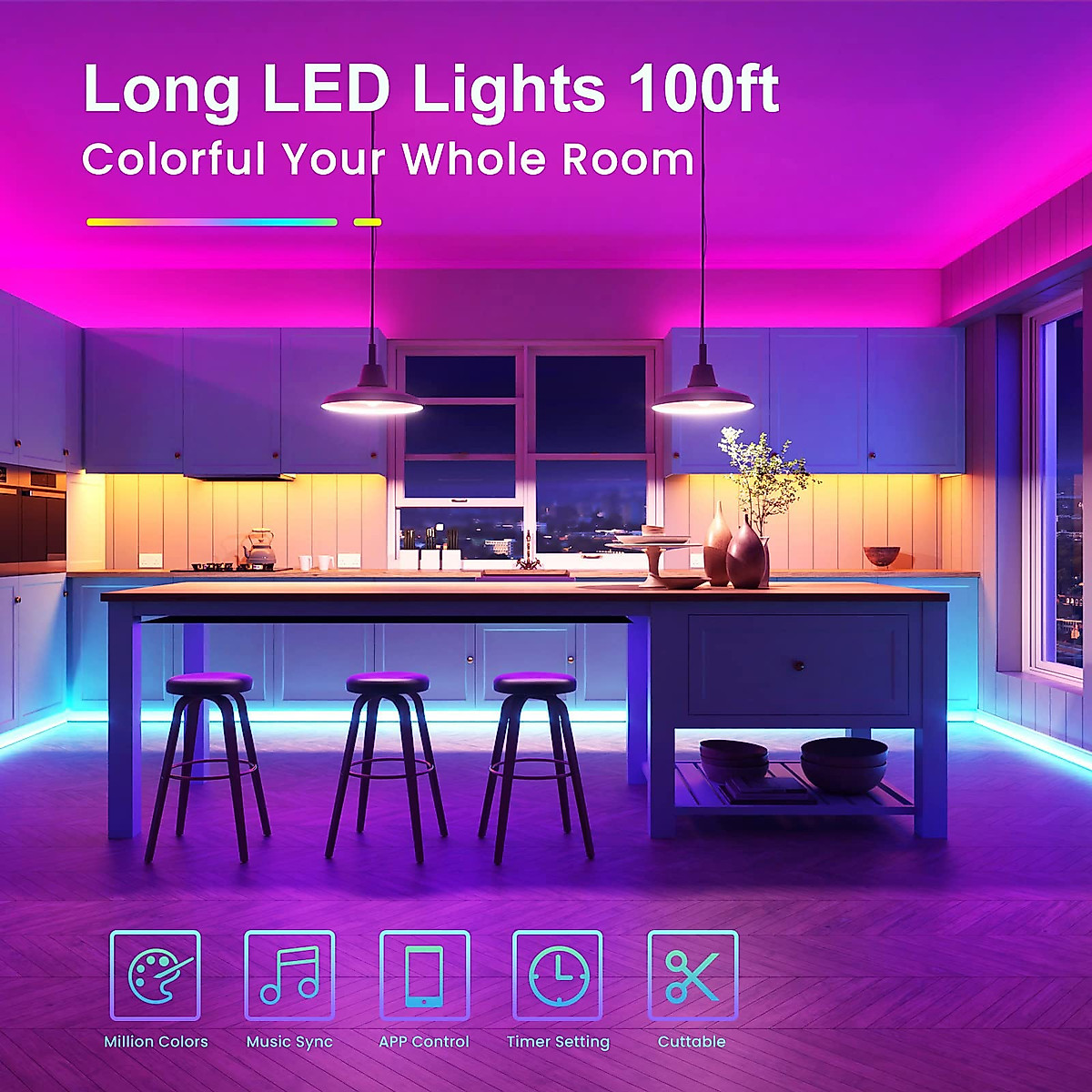 100ft Bluetooth LED Strip Lights, SMD5050 Music Sync LED Lights Strip, RGB Color Changing LED Lights with Remote,Smart Phone APP Control, LED Lights for Bedroom,TV,Room DIY (APP+Remote +Mic/50ftx2)