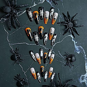 Halloween Fake Nails- 24Pcs Halloween Press on Nails Long Coffin False Nails Square Glue on Nails Gothic Ghost Spider Web Full Cover Halloween False Nails for Women Girls Acrylic Nails Decoration