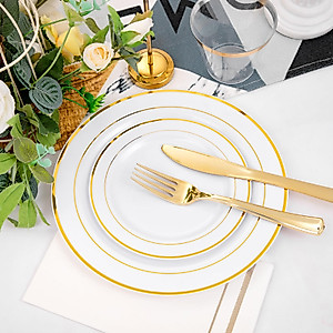 GATHER 350pcs Gold Plastic Plates - Disposable Plastic Dinnerware Set Include 50 Gold Dinner Plates, 50 Gold Salad Plates, 150 Silverware, 50 Napkins, 50 Cups Perfect for Party & Wedding