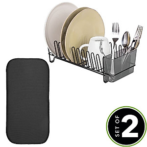 mDesign Compact Modern Metal Dish Drying Rack and Microfiber Mat Set for Kitchen Countertop, Sink - Drain and Dry Wine Glasses, Bowls and Dishes - Removable Cutlery Tray - Set of 2 - Black/Smoke Gray