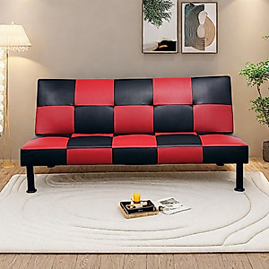 GlasFlength Convertible Futon Sofa Bed, Modern Comfy Folding Couches Bed, 64" Upholstered Foldable Recliner Sleeper Sofa with Adjustable Backrest for Living Room Bedroom Office, Red Black