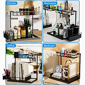 Under Sink Organizer, Painted Steel Under Cabinet Basket Organizer, Sliding Under Sink Storage with Handles, Black Bathroom Organizer Under Sink, Multi-purpose Cleaning Supplies Organizer for Kitchen