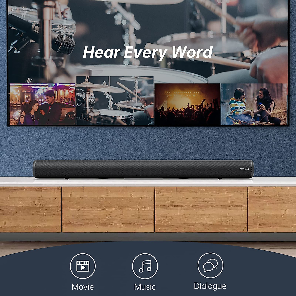 BESTISAN Sound Bar, 80 watts 33.5 inch Sound Bars for TV with Bluetooth 5.0, 3 EQs, Bass Adjustable, HDMI-ARC/Optical/Coaxial/Aux/USB Connection for Home Theater, Gaming, PC, Projectors, 2024 Version