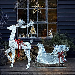 Hourleey Lighted Christmas Decorations Outdoor, Pre-Lit 3D Santa Sleigh Reindeer with 100 LED Cool White Light, Plug in Waterproof Christmas Deer Decorations for Outdoor Yard Lawn Garden Party